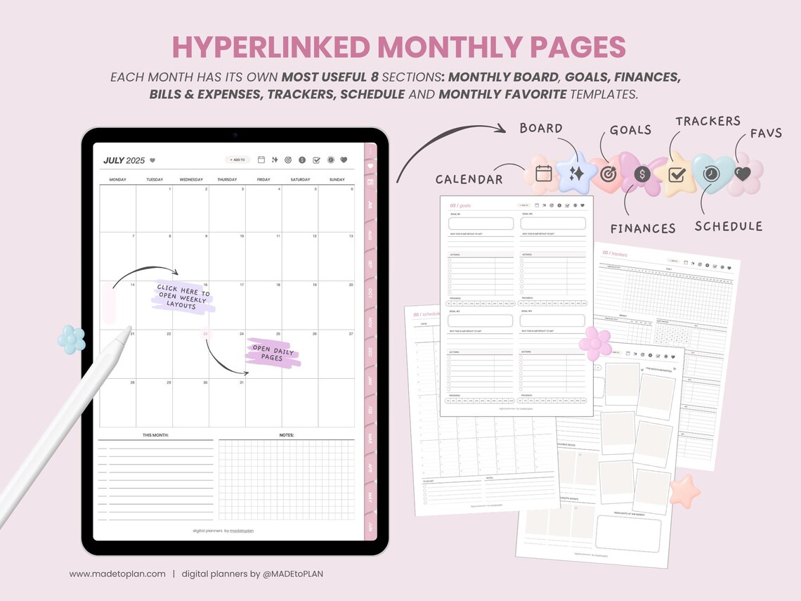 2025-2026 Portrait Mid Year Digital Planner | Hyperlinked Dated Monthly ...