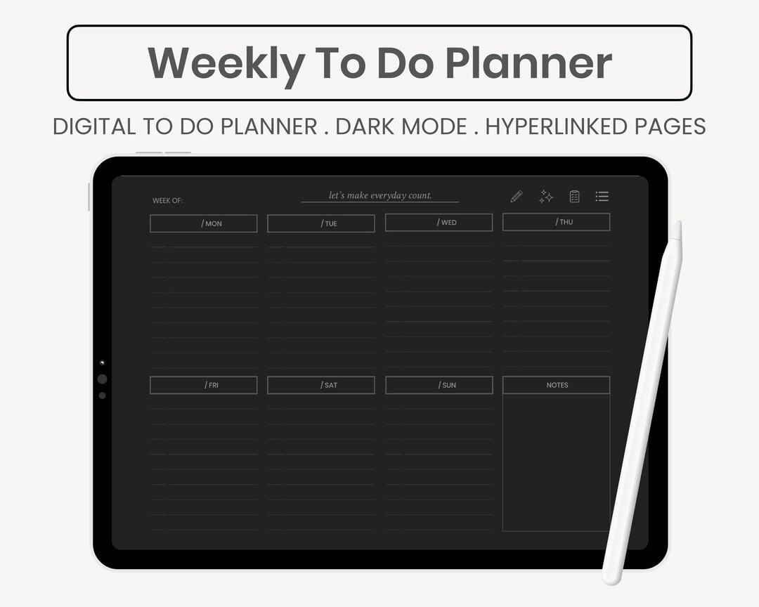 Dark Mode Digital Weekly to Do Planner | to Do List Checklist for iPad ...