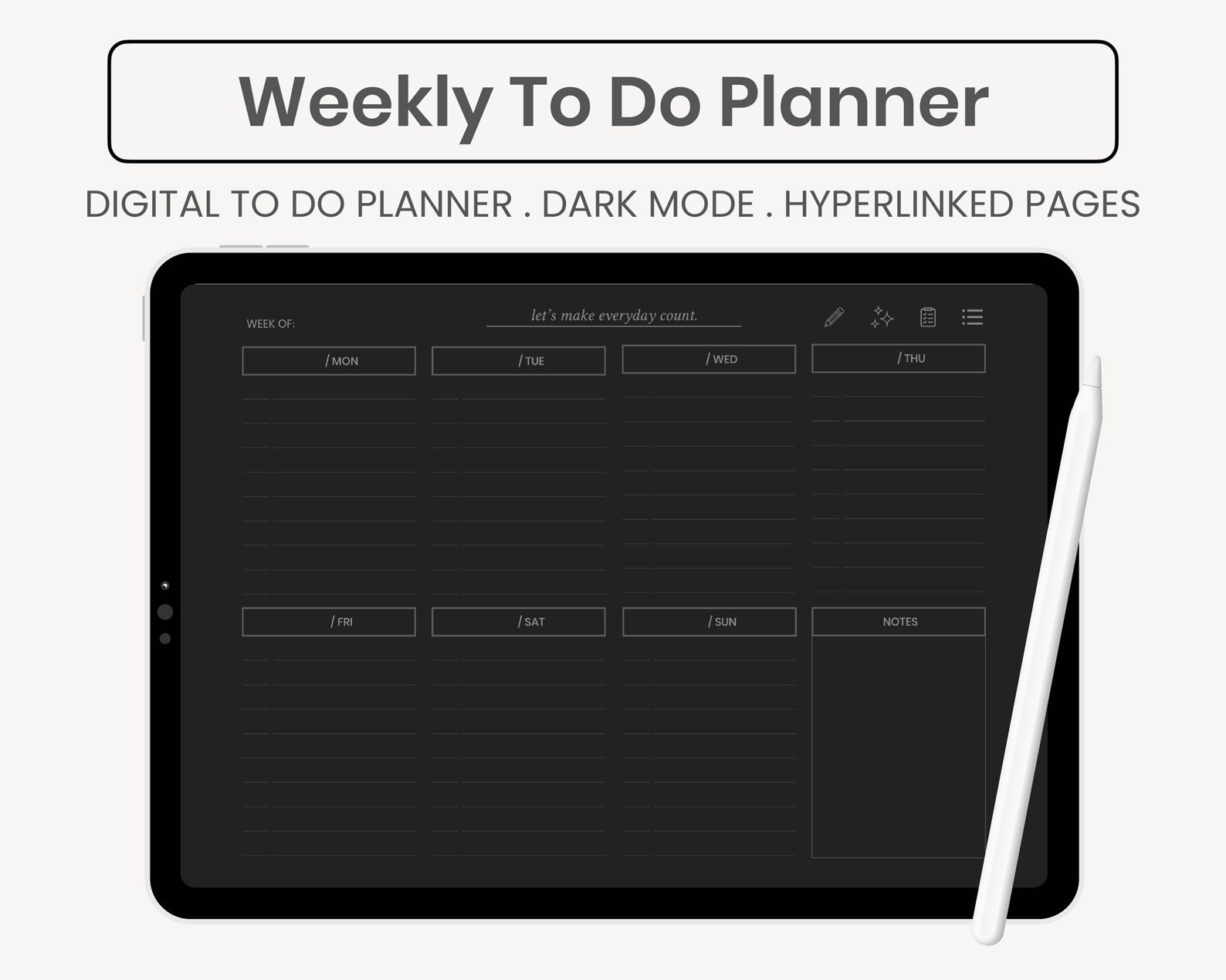 Dark Mode Digital Weekly to Do Planner to Do List Checklist - Etsy