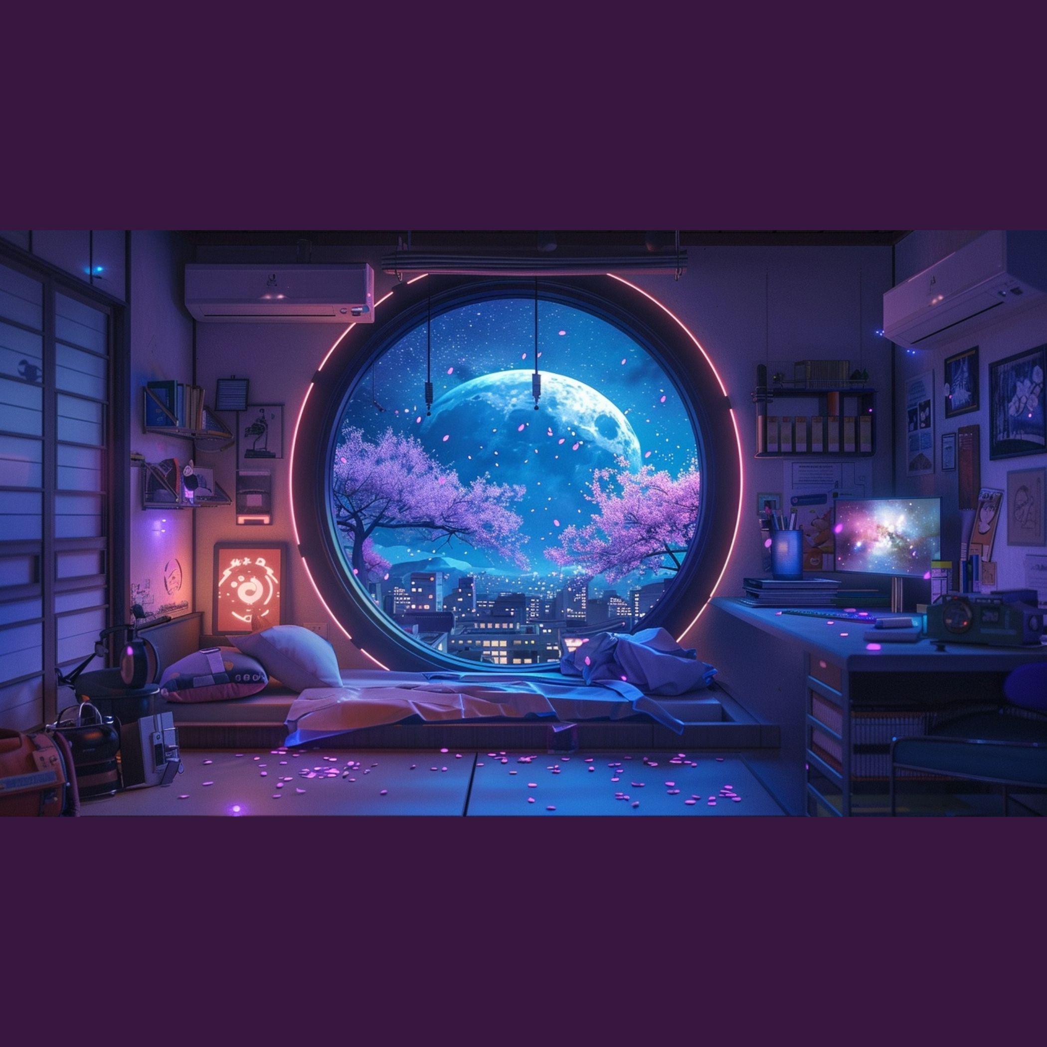 Sakura Window Animated Vtuber Background: Cozy Neon Anime Room Stream ...