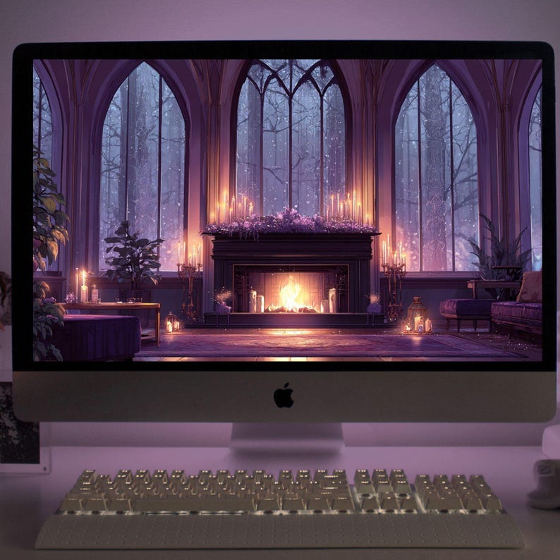 Gothic Winter Cabin Vtuber Background | Purple Fireplace Cozy Room ...