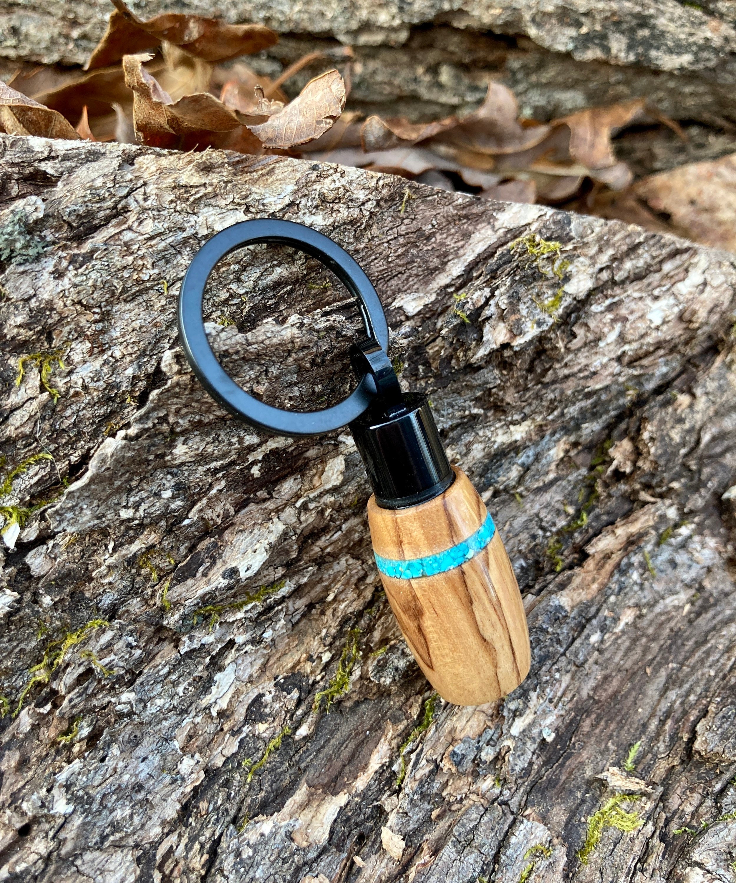 Olive Wood Cremation Keychain: Turquoise Inlay, Stainless Steel Ashes ...
