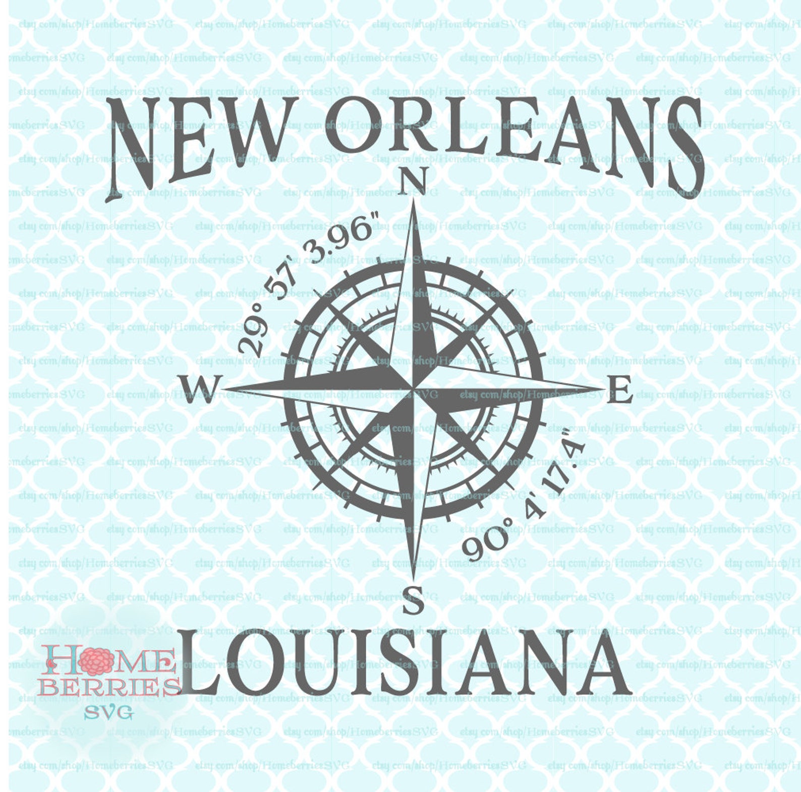 New Orleans Louisiana Hometown Home Compass Rose Latitude Longitude ...