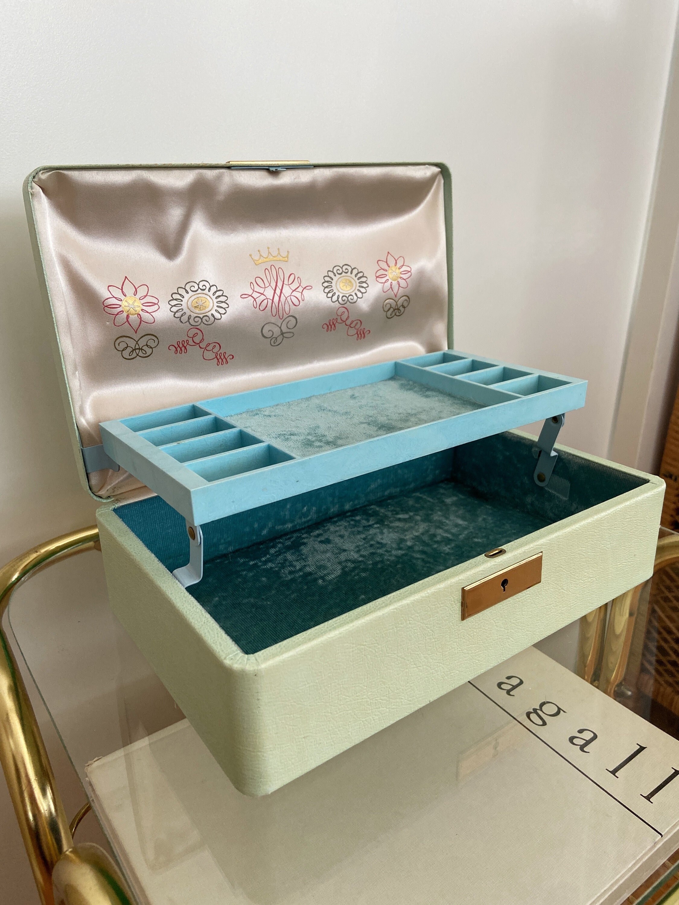 Vintage Seafoam Green Velvet Lined Jewelry Box 1950s Retro Trinket Box ...