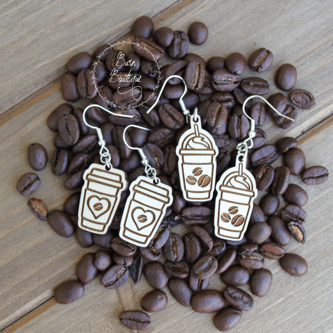 Wooden Coffee Cup Earrings, Basswood, Silver, Hot Coffee, Iced Coffee ...