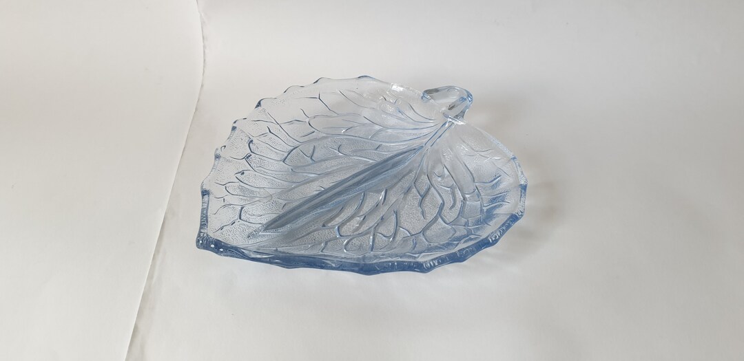 Lovely Art Deco Bagley Blue Polished Glass Serving / Nibbles Leaf ...