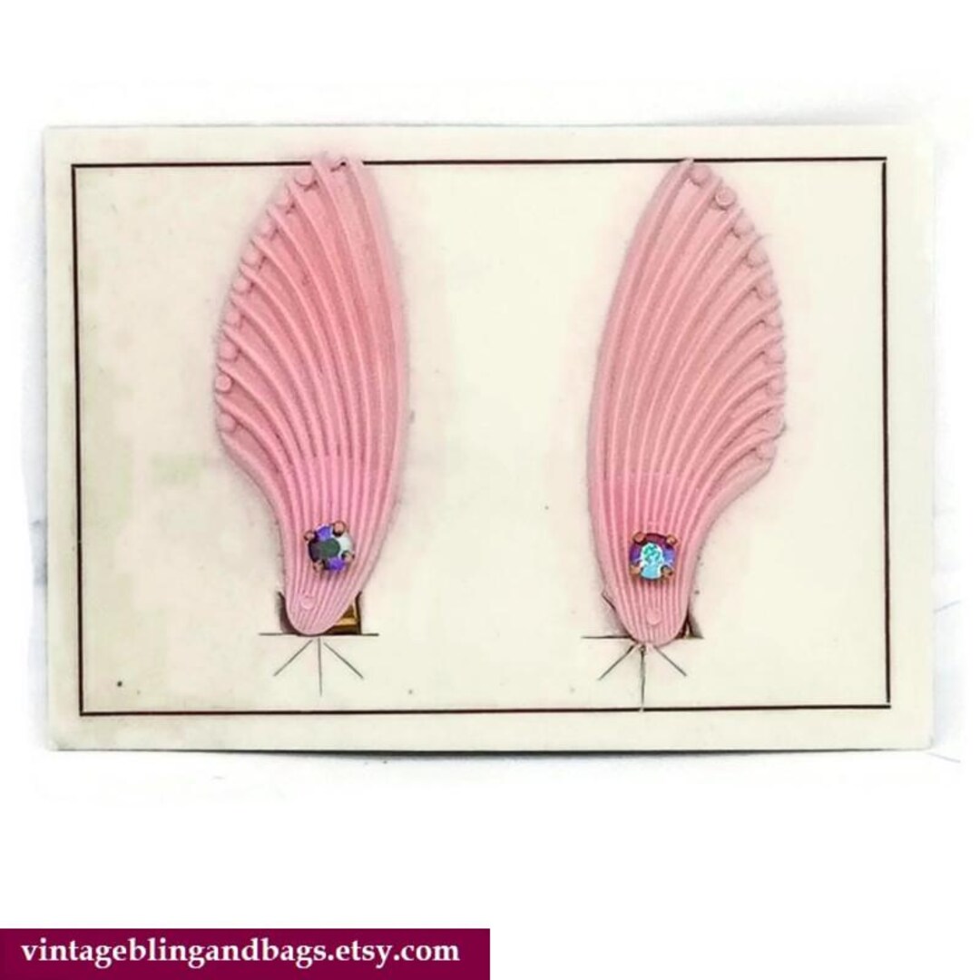 48x19mm 1960s Pink Clip on Earrings, Pink Fan Earrings, Vintage Clip on ...