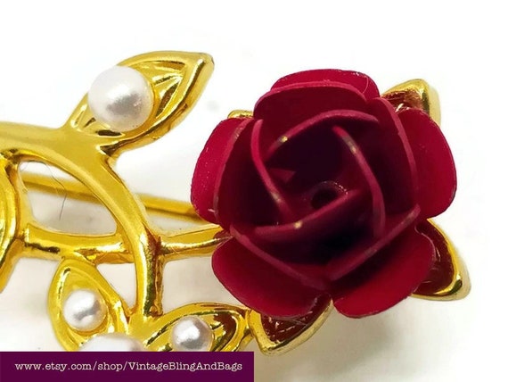 37x22mm 1980s Vintage red rose brooch, vintage pin, v… - Gem