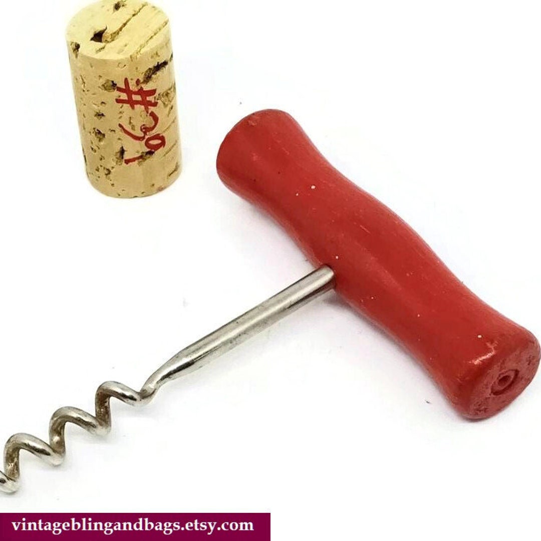 1980s Vintage Red Wood Corkscrew, Retro Red Corkscrew, 1980s Barware ...