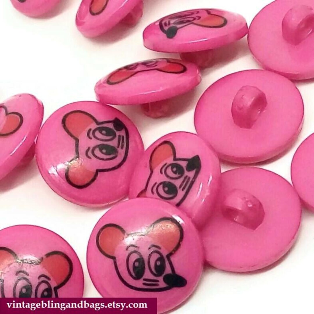 6 17mm 1970s Vintage Pink Mouse Buttons, 1970s Novelty Pink Buttons ...
