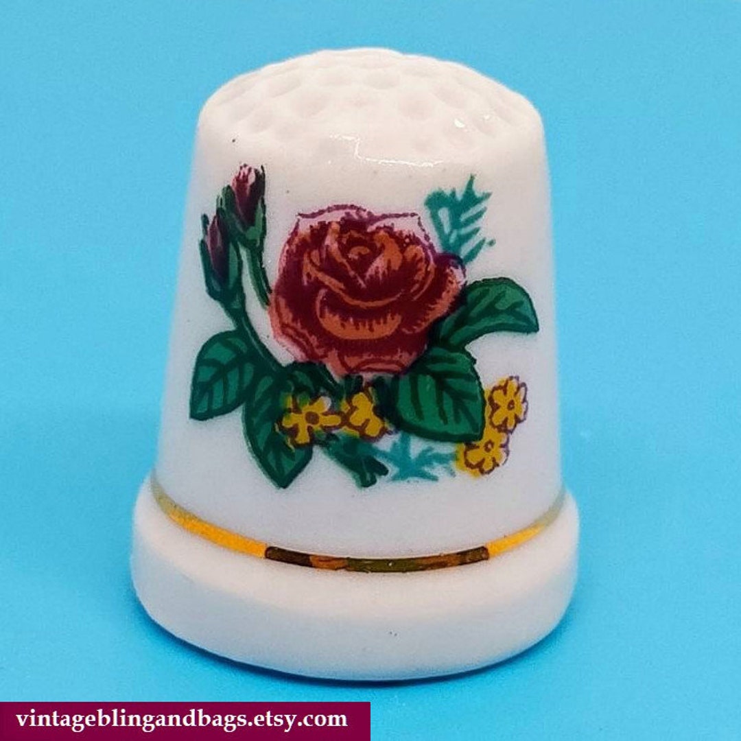 Vintage Pink Rose Thimble, Bone China Thimble, Vintage Flower Thimble ...