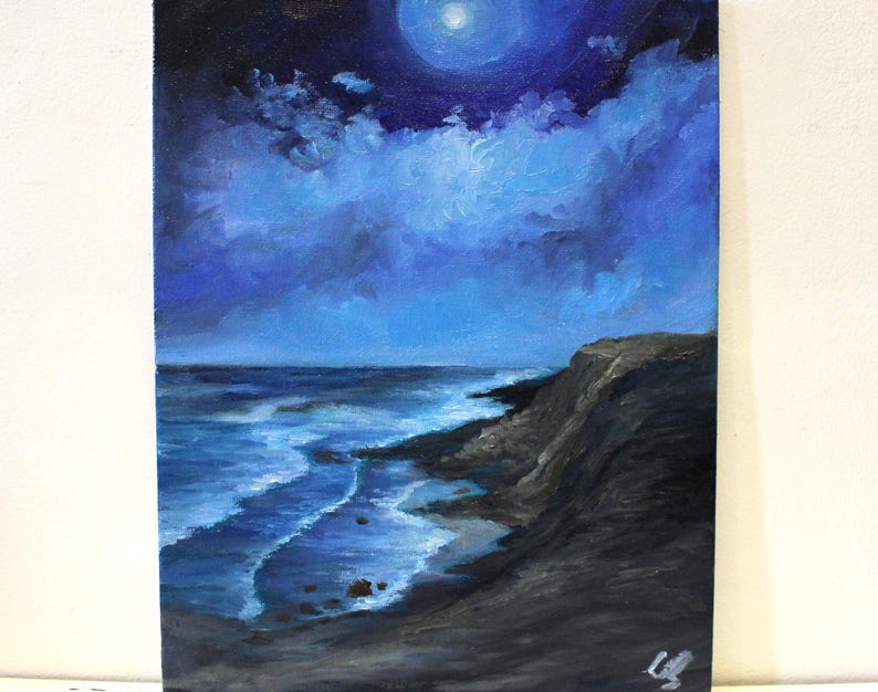 Original Ocean Oil Painting, Rocky Cliffs Moonlit Painting, Dreamy ...