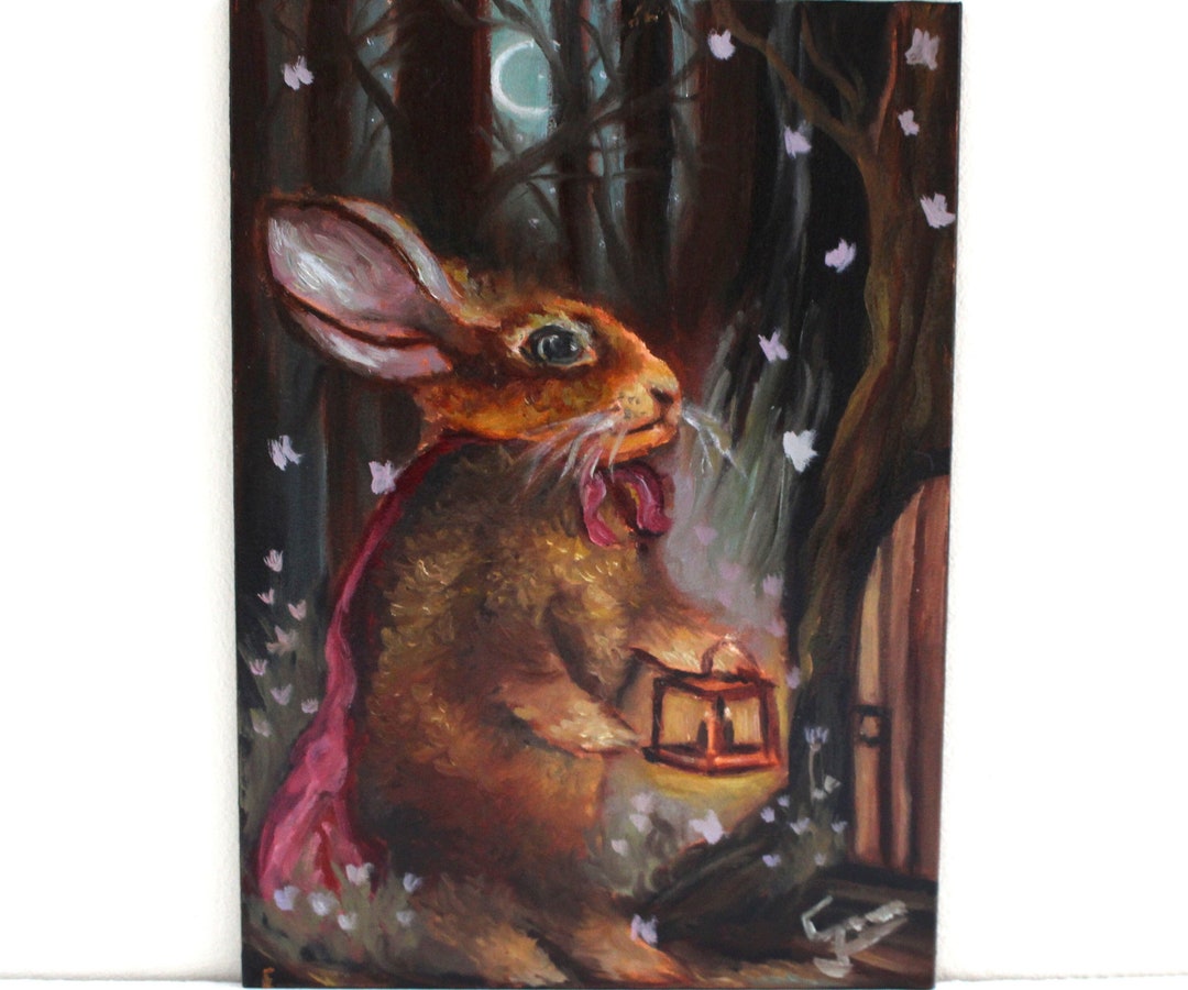 Original Rabbit Oil Painting, Cute Sweet Bunny Painting, Whimsical ...
