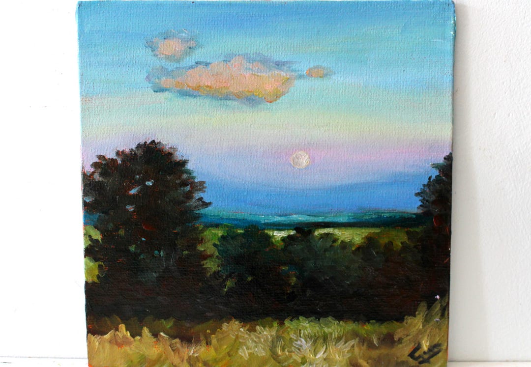 Original Trees Oil Painting, Moonlight Colorful Landscape Painting, Moody Dark Moon Art, Wall ...