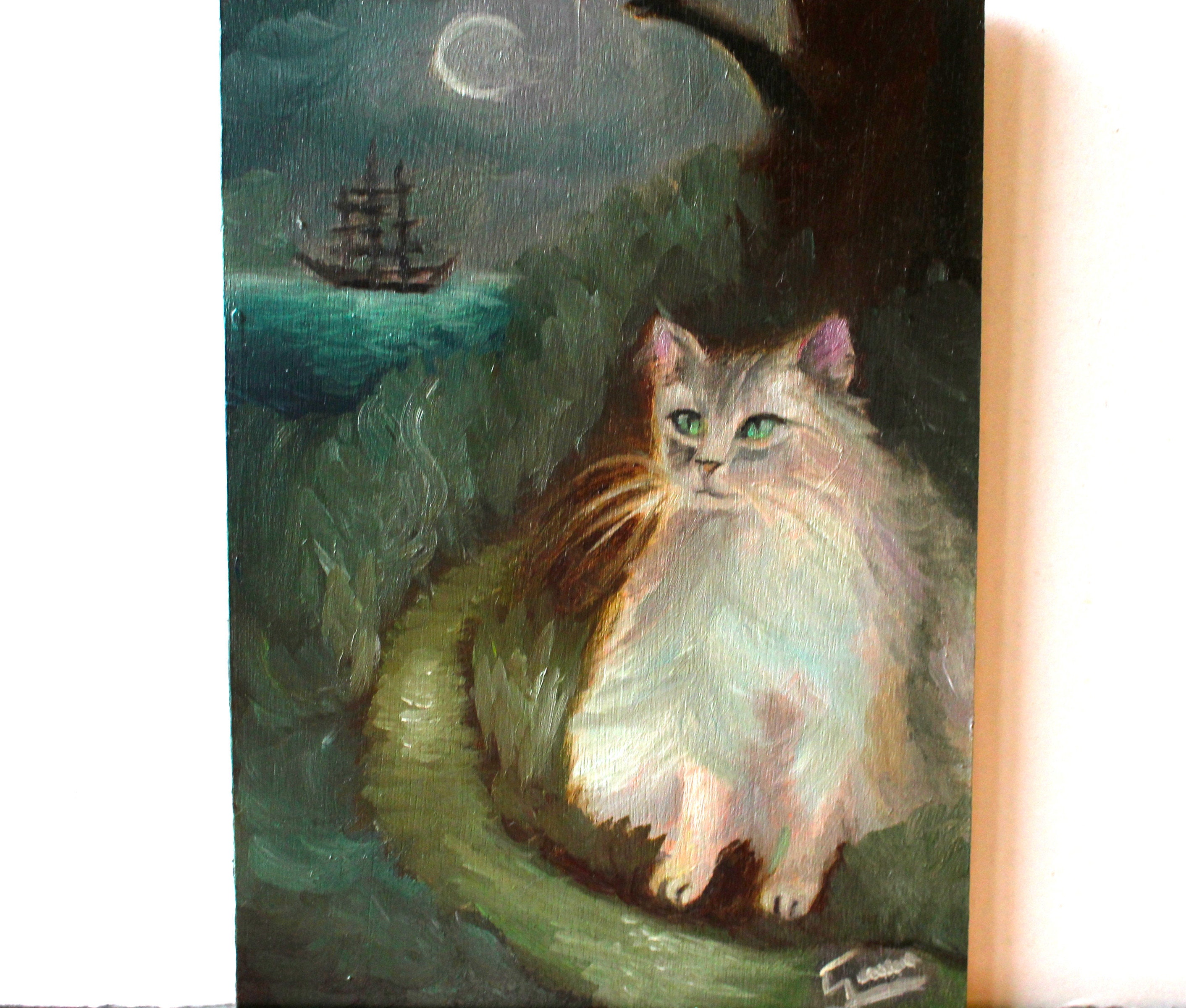 Original Cat Oil Painting, Surreal Cute Kitten Painting, Whimsical ...
