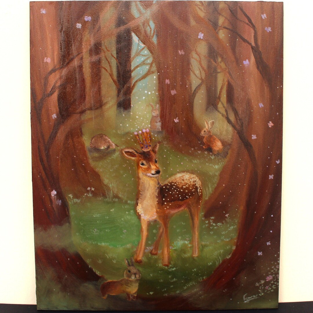 Original Fawn Oil Painting, Rabbit Forest, Whimsical Ethereal Art - Etsy