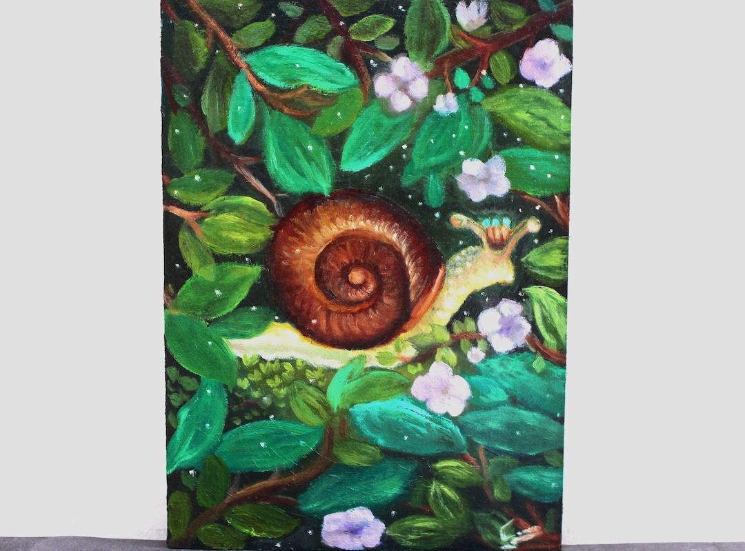 Original Snail Oil Painting, Leaves Surreal Insect Painting, Whimsical ...