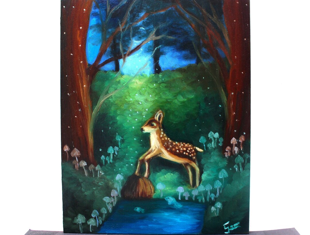 Original Deer Oil Painting, Fairy Animal Forest Painting, Ethereal Pop ...