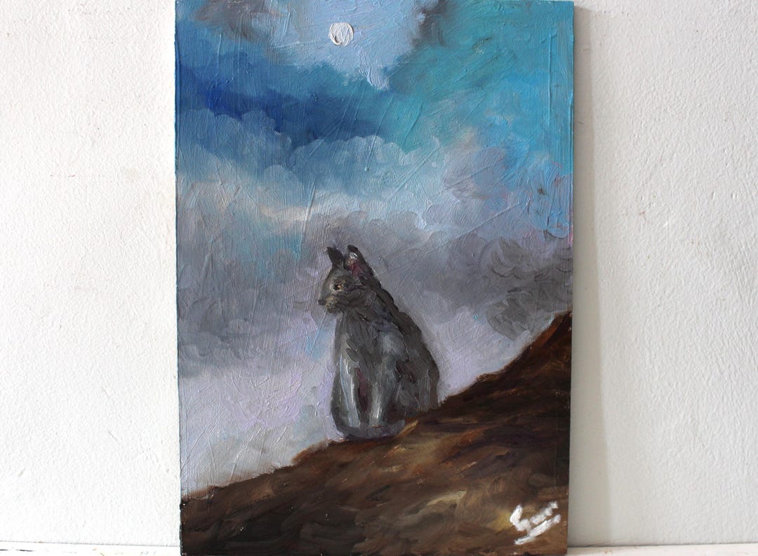 Original Cat Oil Painting, Sky Clouds Kitten Painting, Ethereal Moon ...