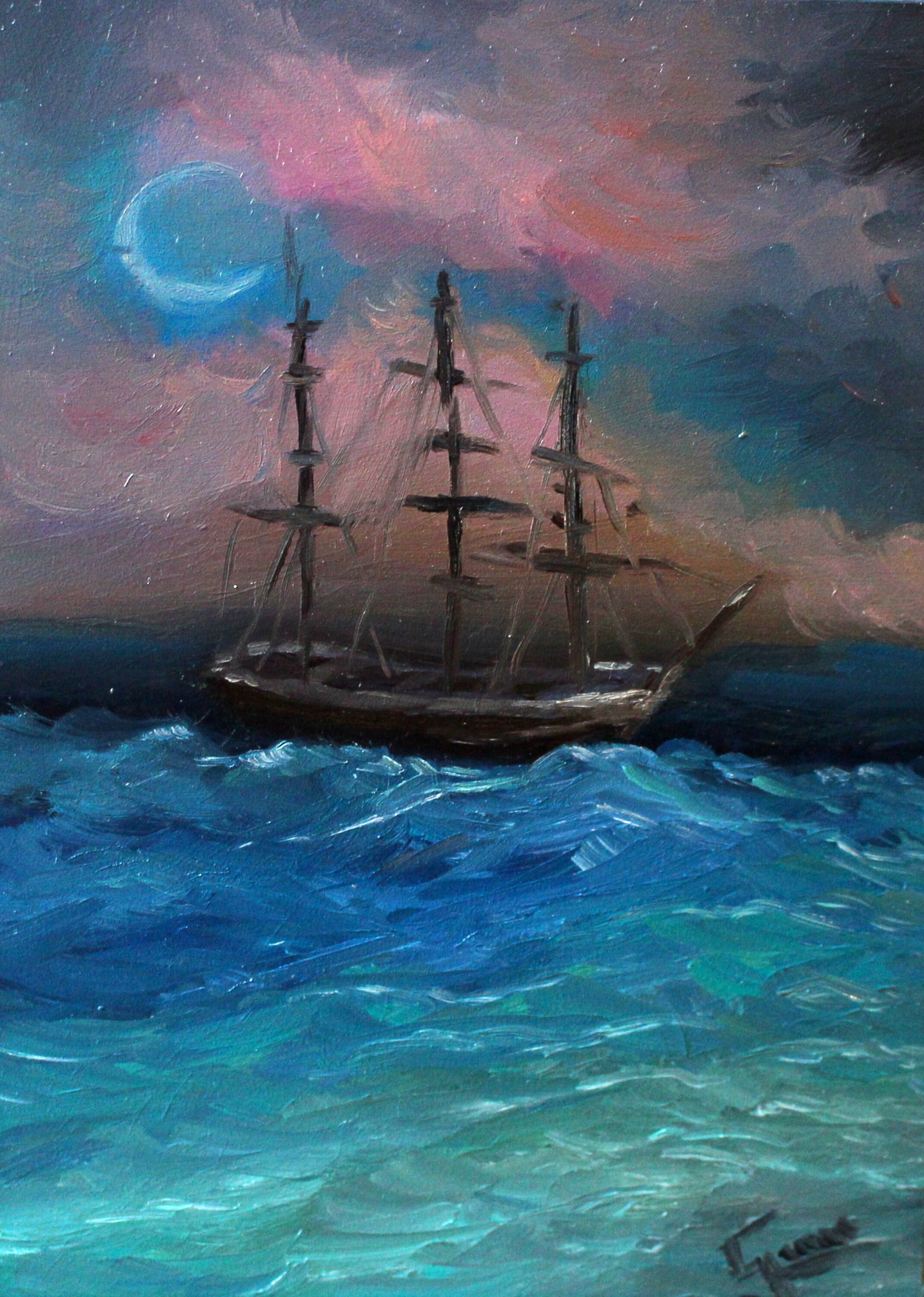 Original Ship Oil Painting, Galleon Blue Sea Painting, Dreamy Peaceful ...