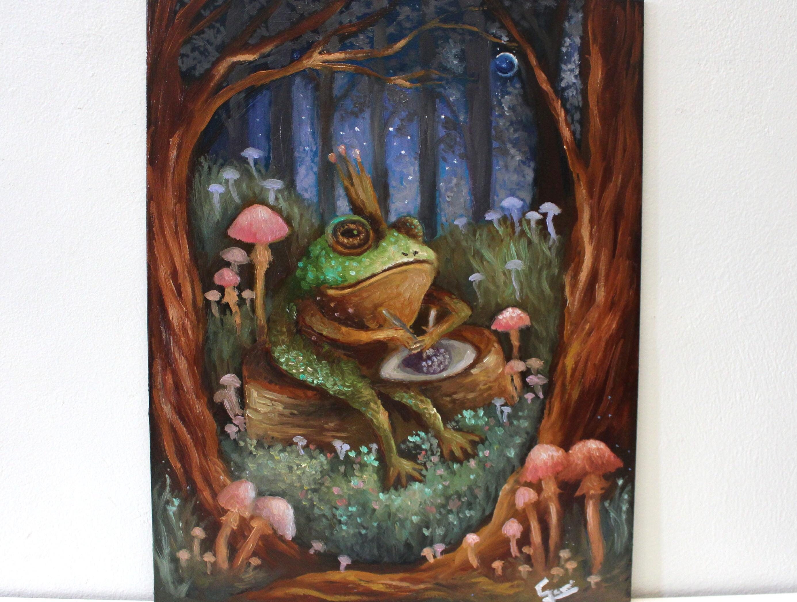 Original Frog Oil Painting, Whimsical Mushroom Toad Painting, Fairytale ...