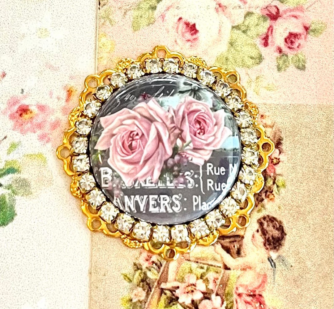 Chalkboard Pink Roses Crystal Gold Plated Cabachon Pendant for Jewelry ...