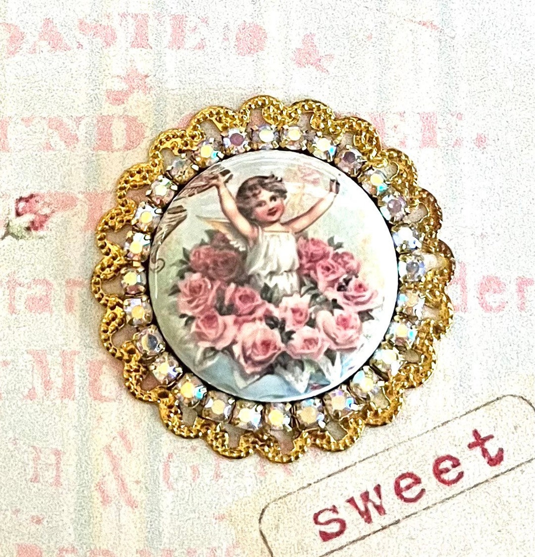 Cherub in Bouquet Crystal Gold Plate Cabachon Pendant Charm for Jewelry ...