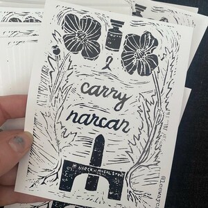 I Carry Narcan Linocut Sticker - Naloxone - Harm Reduction - Overdose ...
