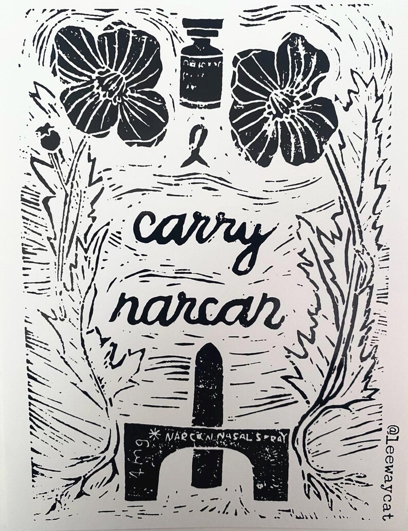I Carry Narcan Linocut Sticker - Naloxone - Harm Reduction - Overdose ...