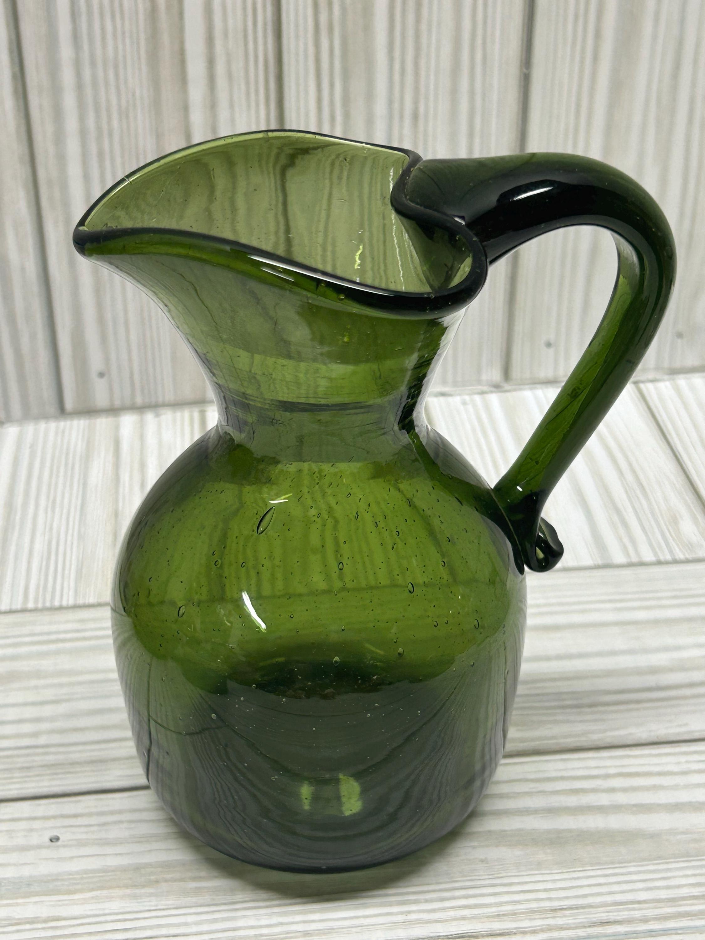 Vintage Jamestown Virginia Glass Miniature Pitcher Hand Blown Green 5. ...