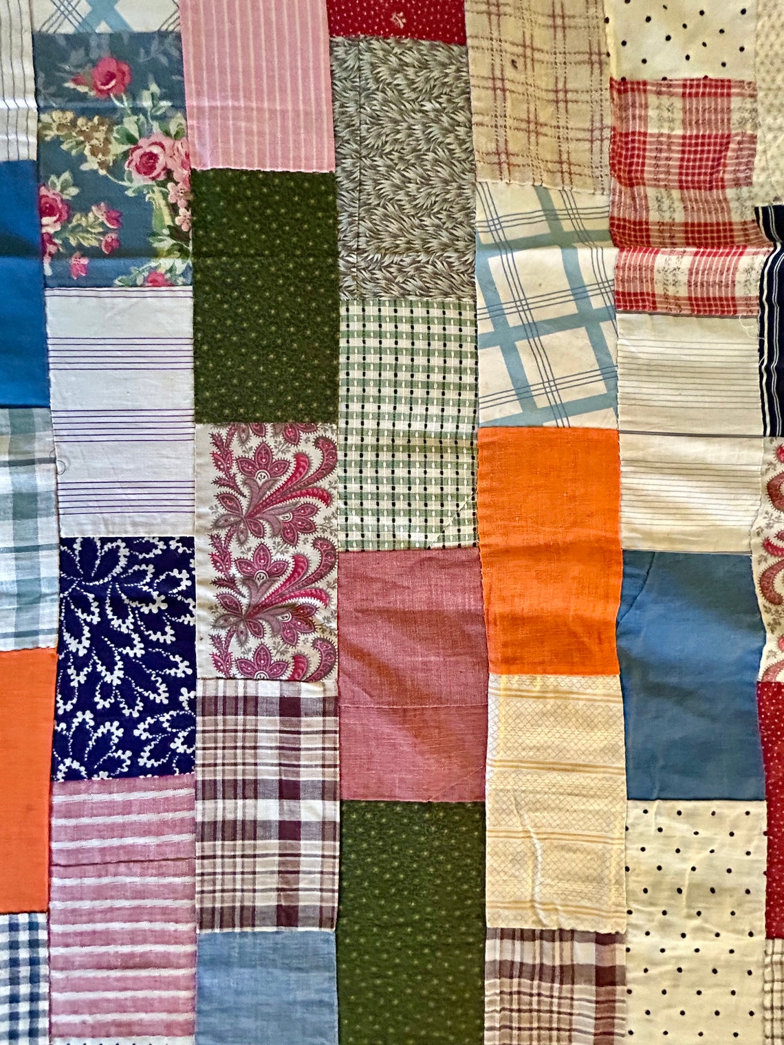 Vintage Patchwork Block Quilt Top in Multi Color Fabric Unfinished 80 X ...