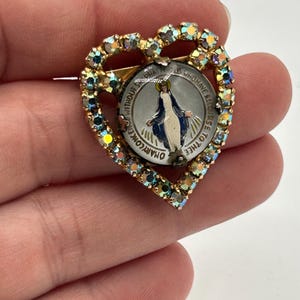 Vintage Virgin Mary Heart Pin Brooch Rhinestone Goldtone 1.25" X 1" - Etsy
