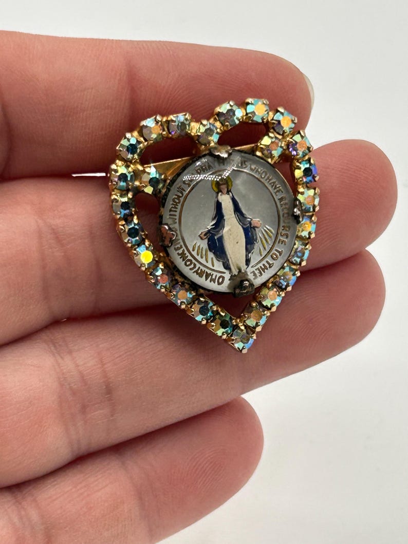 Vintage Virgin Mary Heart Pin Brooch Rhinestone Goldtone 1.25" X 1" - Etsy