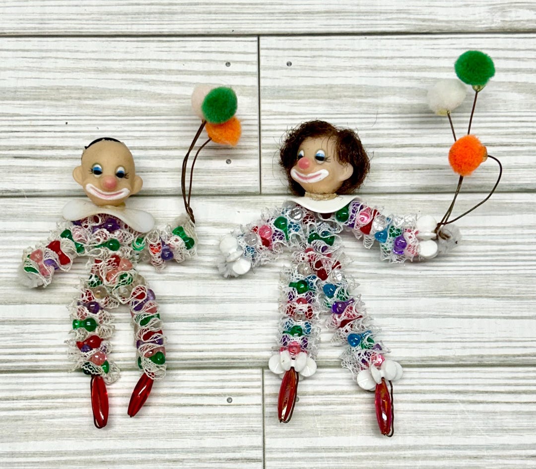 Beaded Bendable Clown Ornaments Rubber Face Kitschy Vintage Set of 2 - Etsy