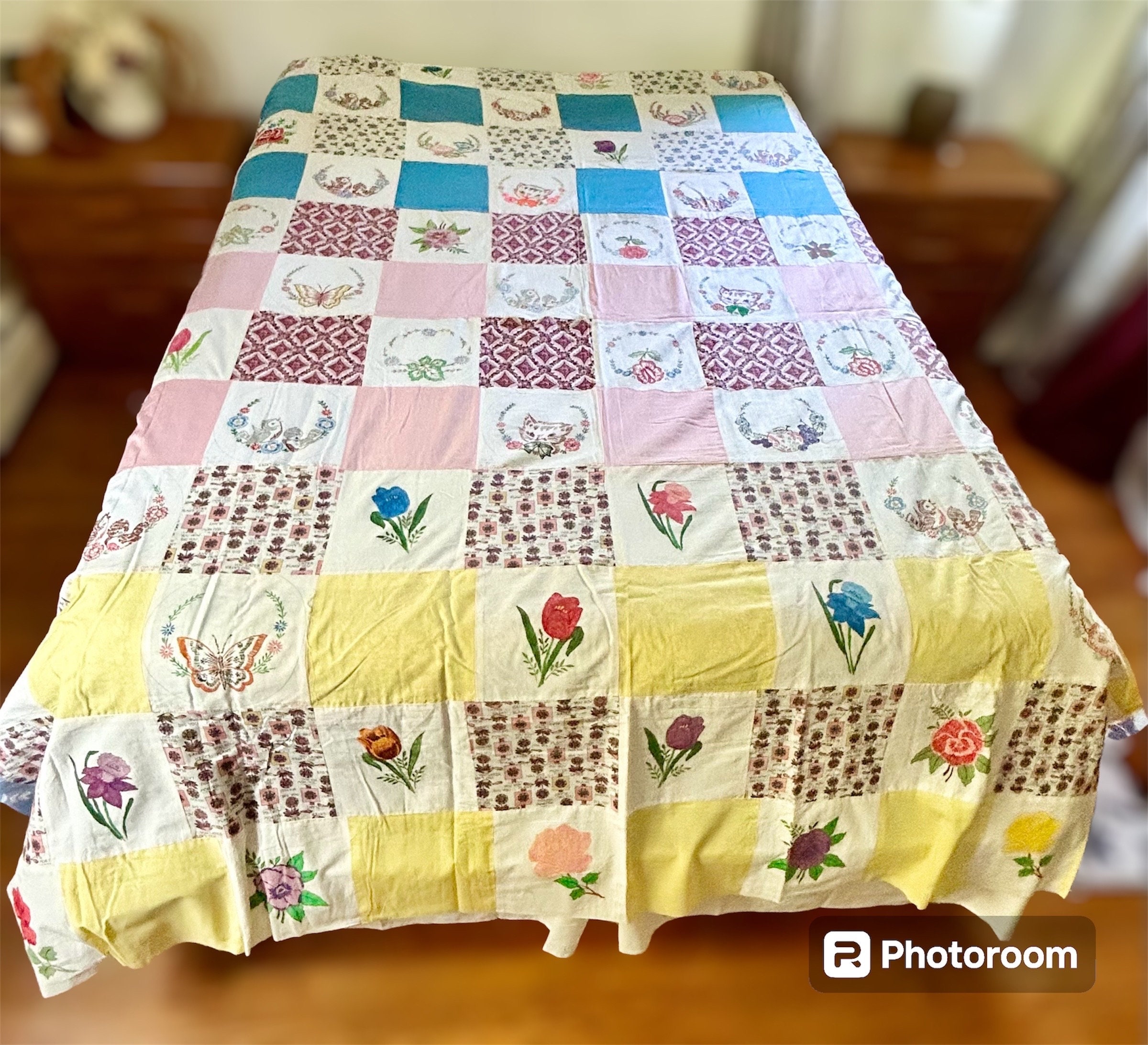 Vintage 60s/70s Patchwork Block Quilt Topper Hand Painted 95" X 78 ...