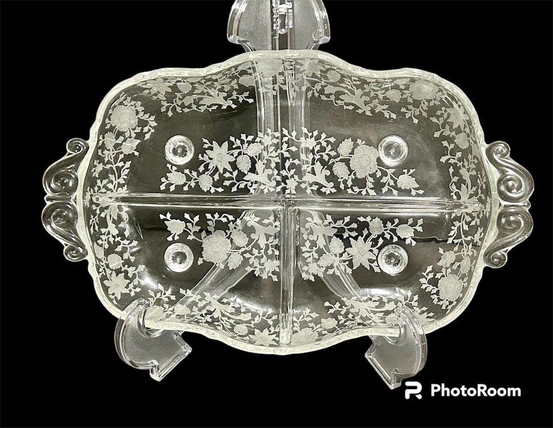 Vintage FOSTORIA Glass 3 Section Relish Dish Etched Roses Willowmere ...