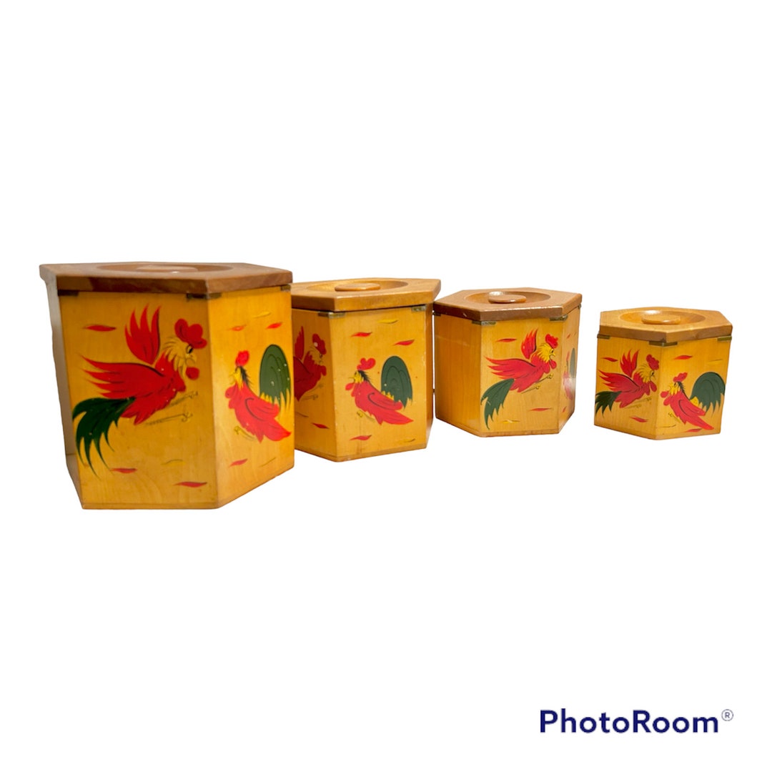 Vintage Rooster Wood Nesting Canisters Set Octagon Japan Brown Red Set ...