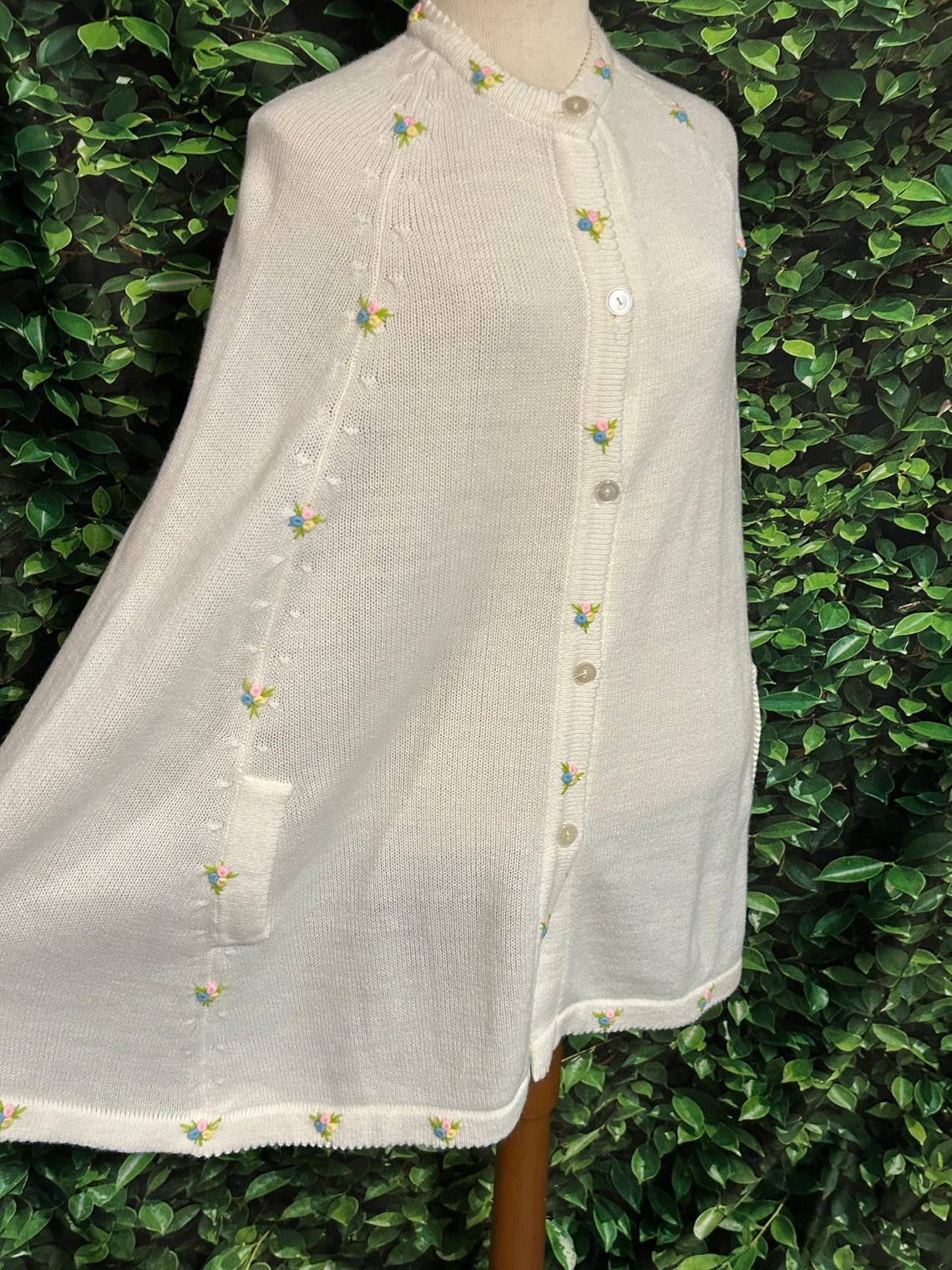 Vintage Knit Poncho Shawl Cape White Acrylic Button Down Arm Vents - Etsy