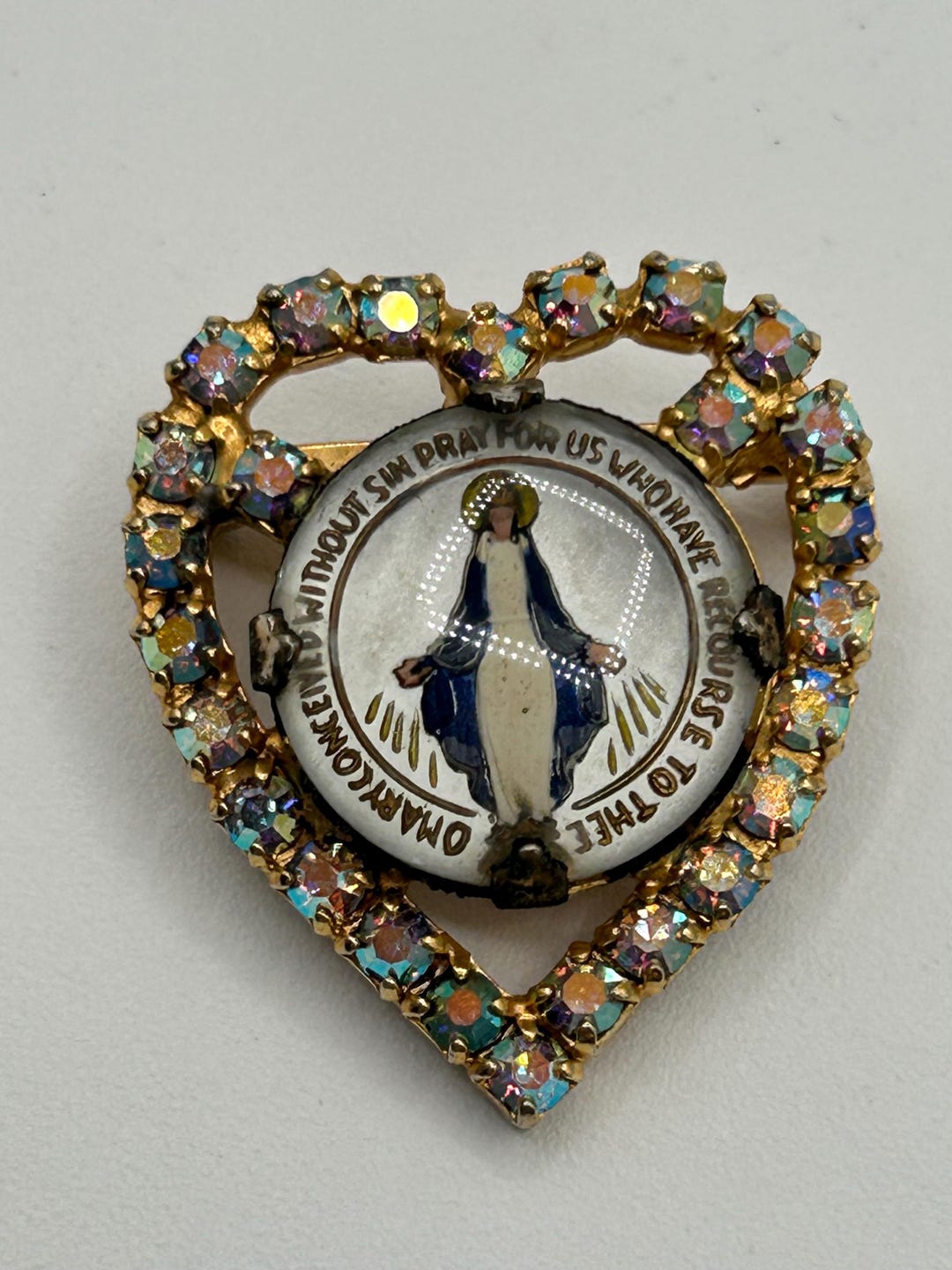 Vintage Virgin Mary Heart Pin Brooch Rhinestone Goldtone 1.25" X 1" - Etsy