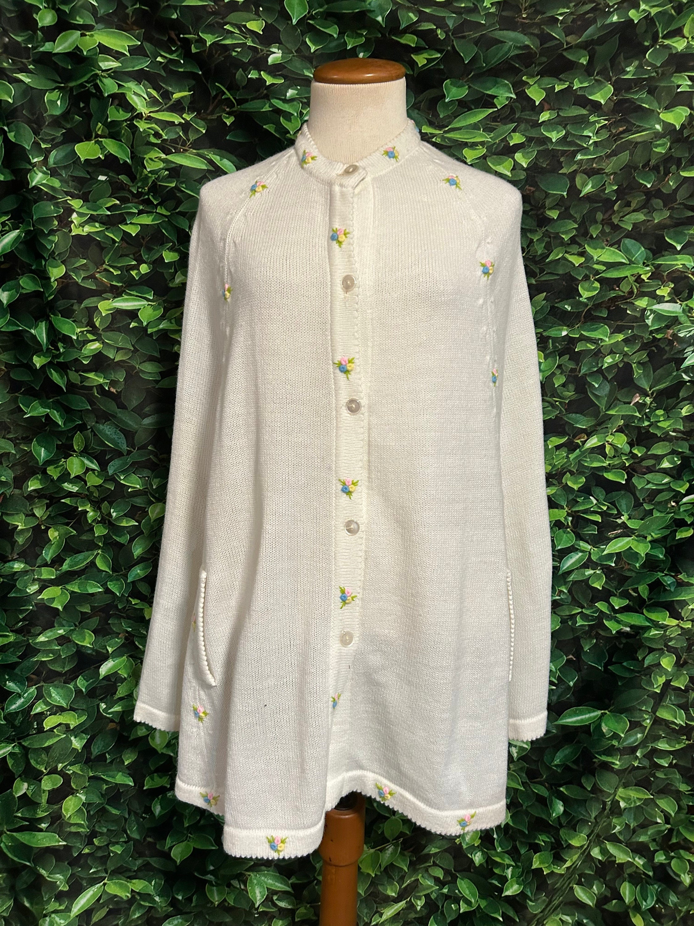Vintage Knit Poncho Shawl Cape White Acrylic Button Down Arm Vents - Etsy