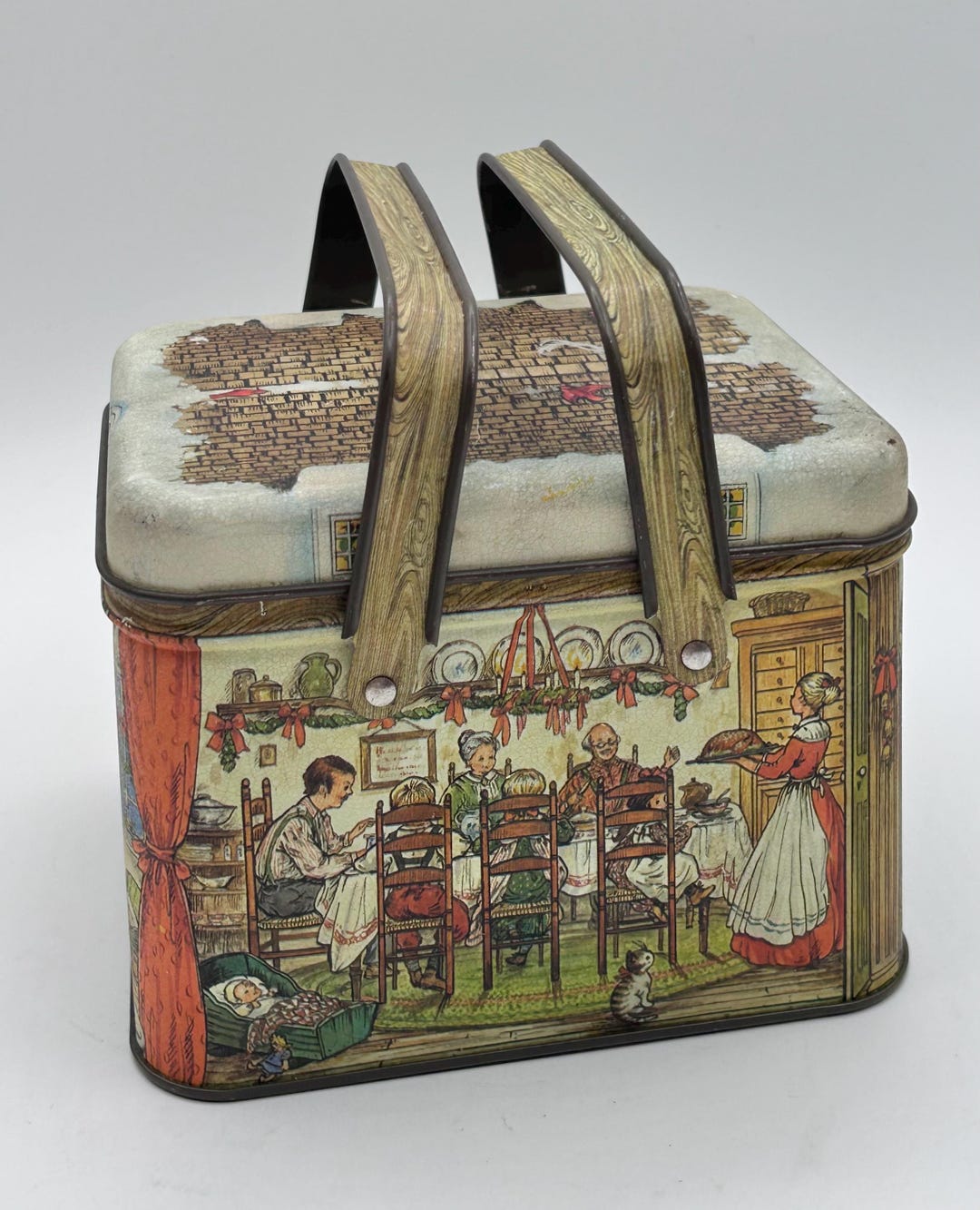 Vintage Potpourri Press Metal Basket Tin Christmas Dinner Scene 6" X 5 ...