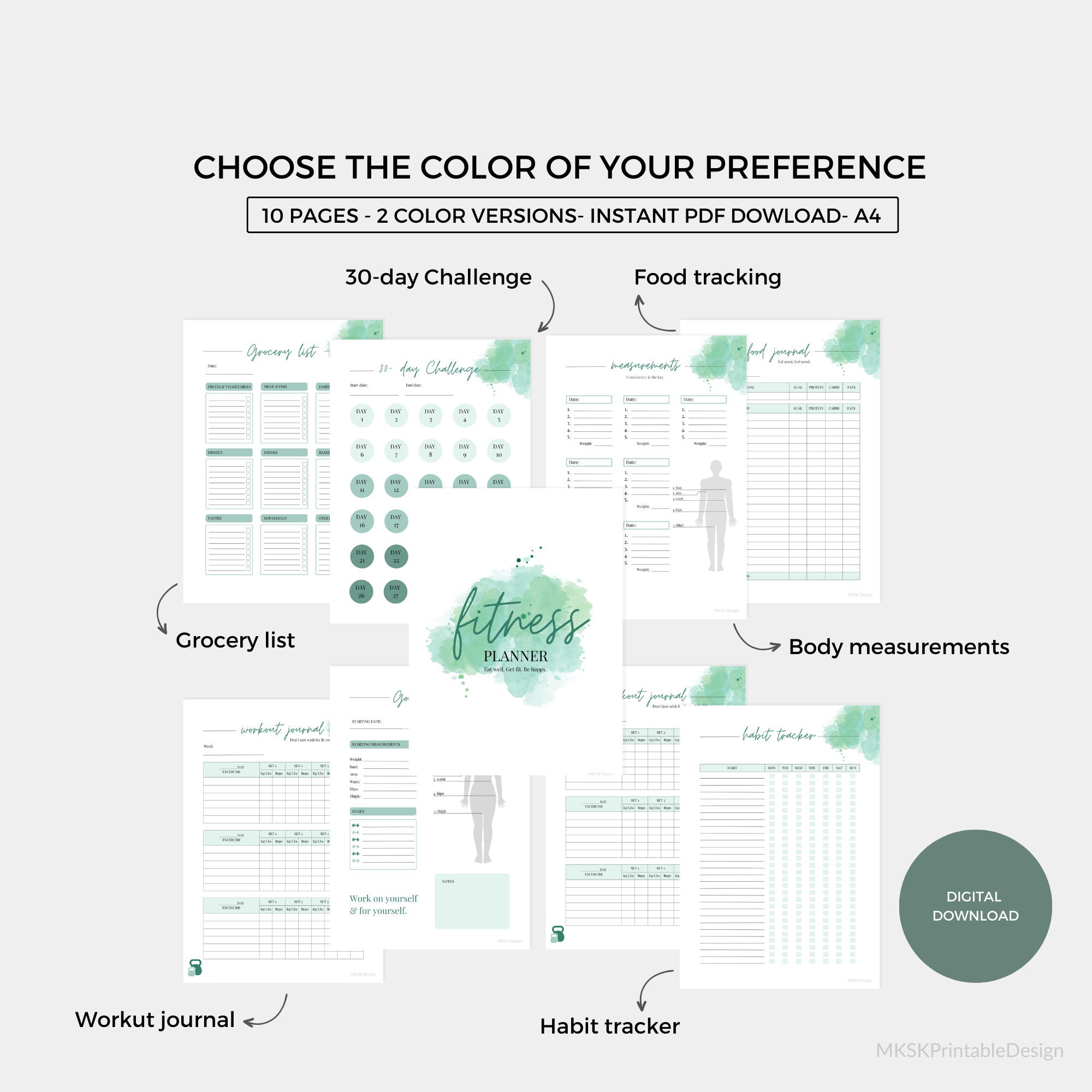All-in-one Printable Fitness Planner I Calorie Tracker, Workout Log ...