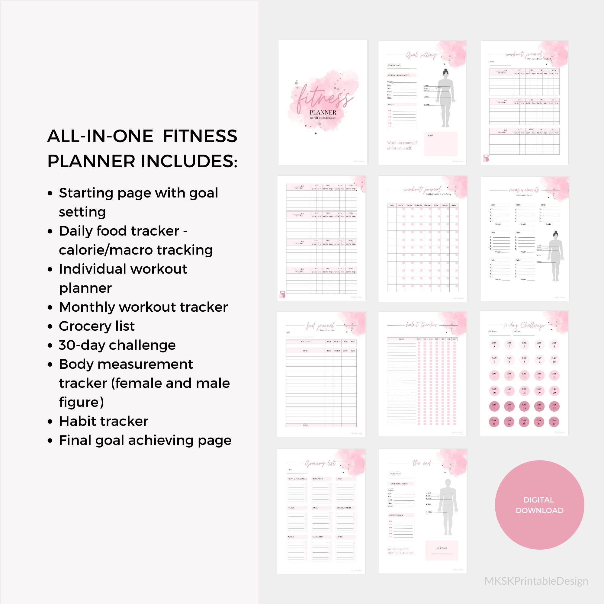 All-in-one Printable Fitness Planner I Calorie Tracker, Workout Log ...