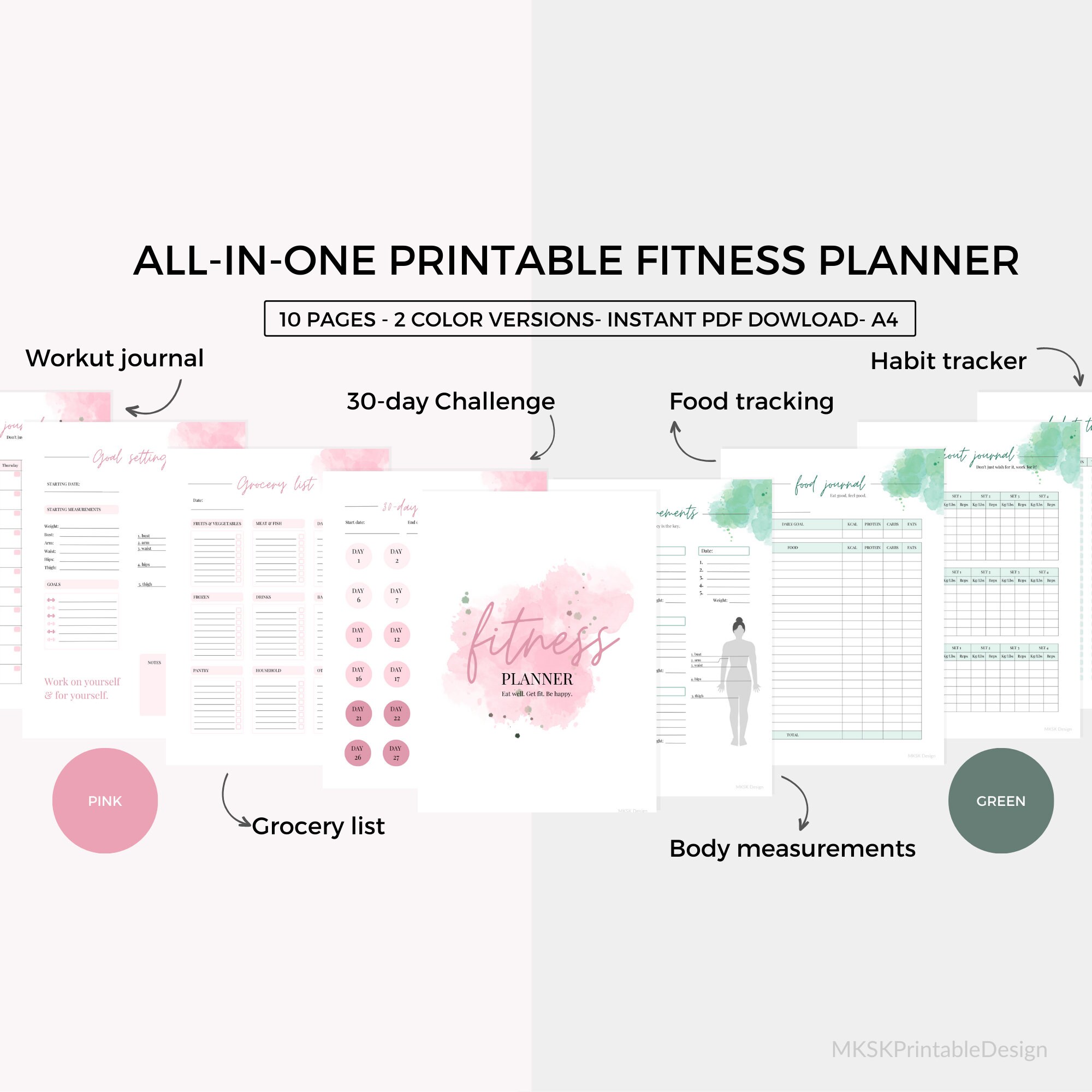 All-in-one Printable Fitness Planner I Calorie Tracker, Workout Log ...