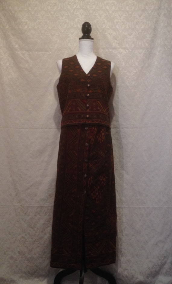 1990s Red Orange Green Aztec Hippie Safari 2 Piece Se… - Gem