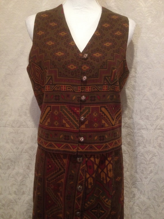 1990s Red Orange Green Aztec Hippie Safari 2 Piece Se… - Gem