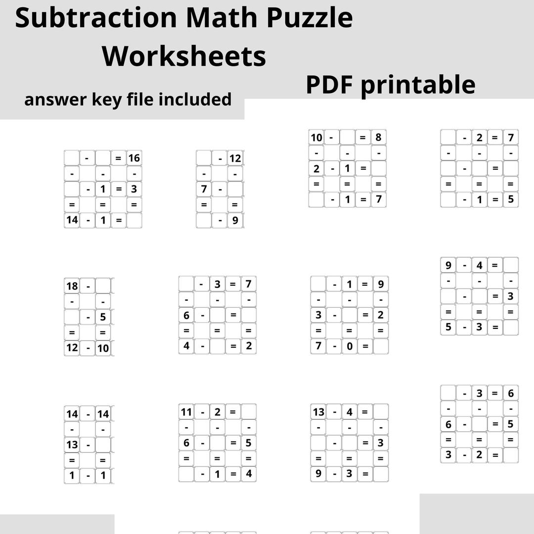 Subtraction Within 20 Math Puzzle Worksheets PDF, Kids Logic Grid ...