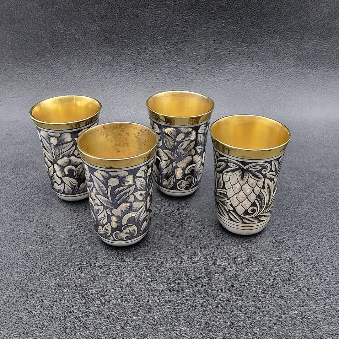 Vintage 4 Soviet Era Vodka Beakers-niello Solid Silver - Etsy