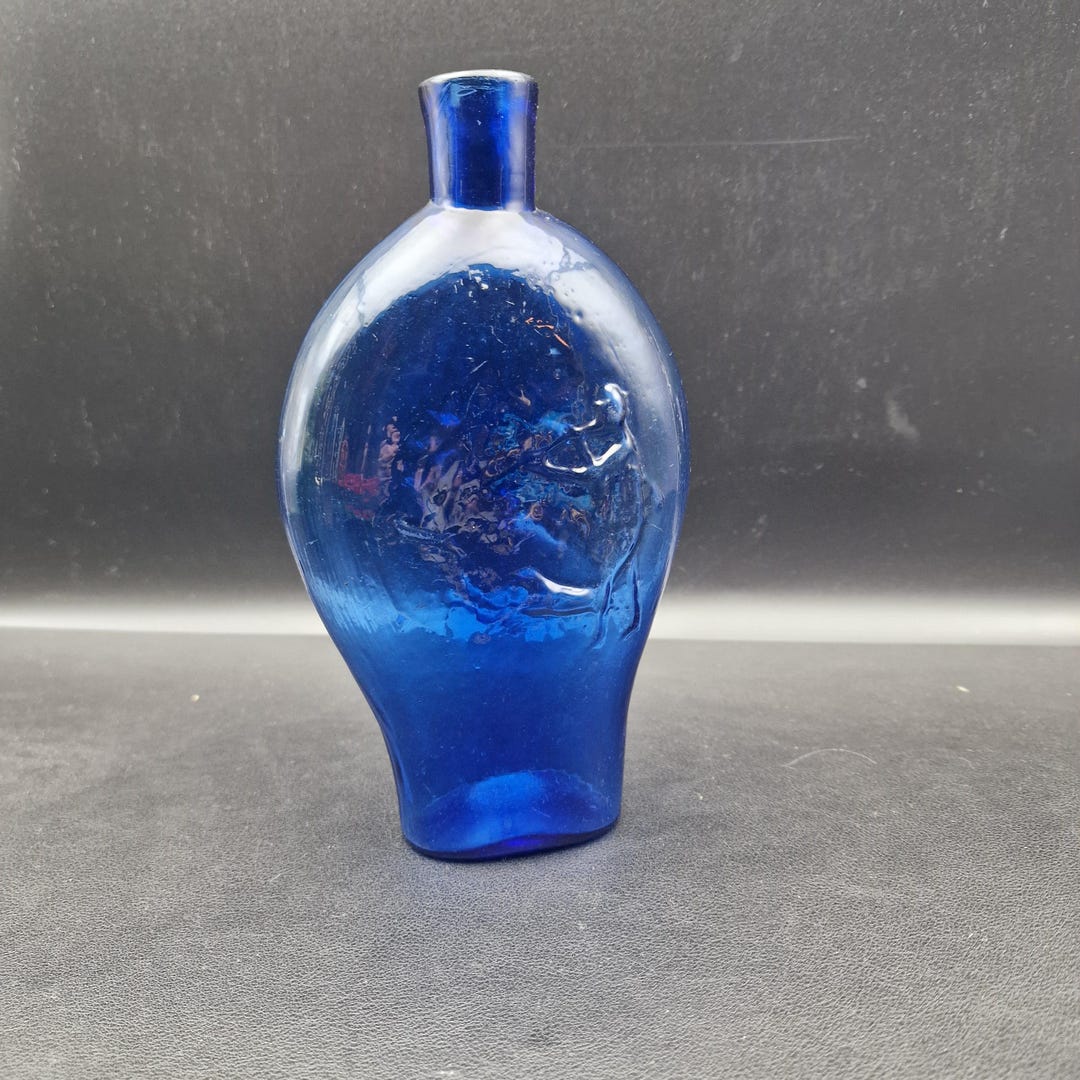 Antique Cobalt Blue Historical Flask, 19th Century American Glass, Hand ...