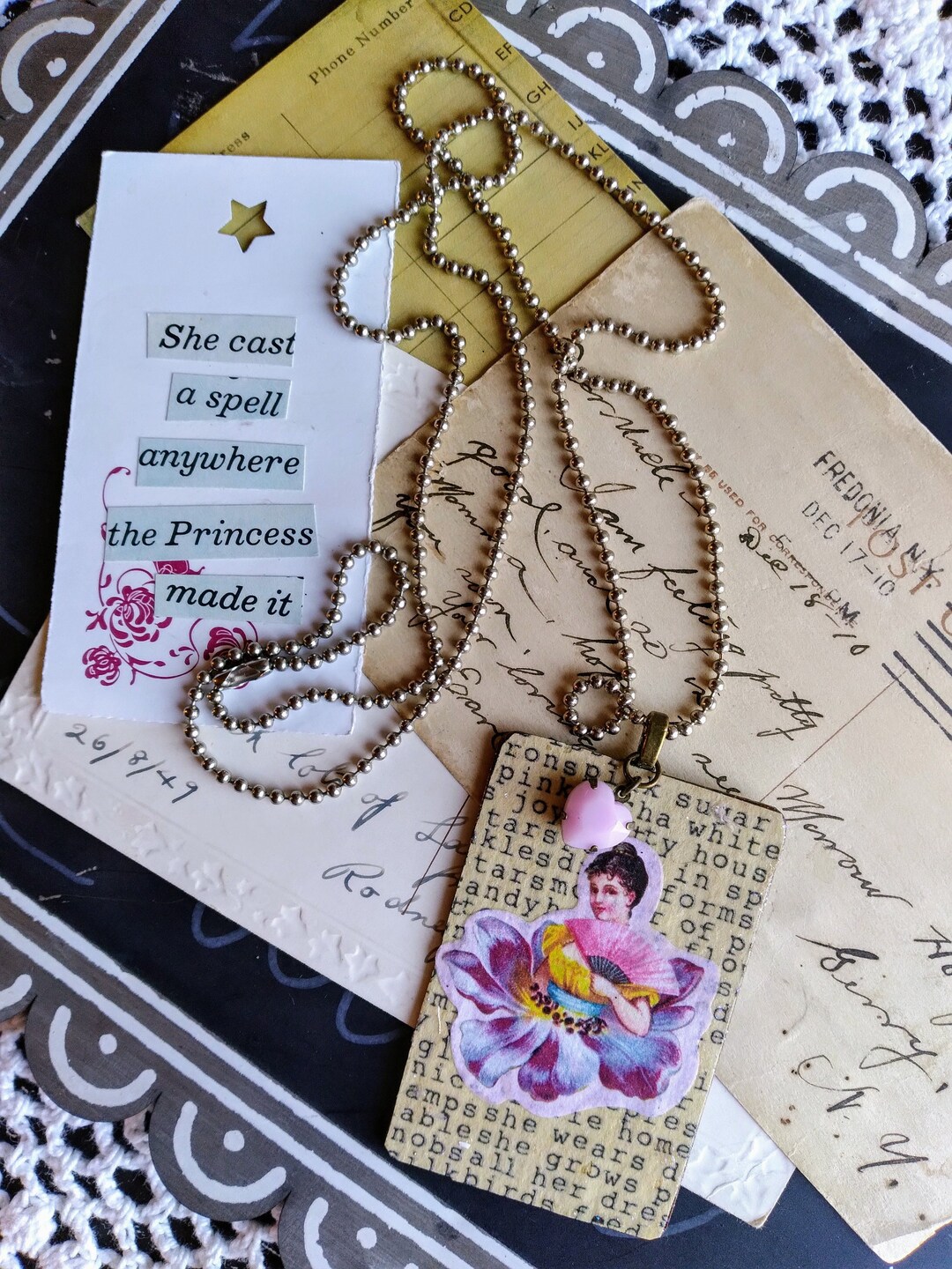 Rectangle Pendant Decoupage Words Flower Fairy Ball Chain Necklace ...
